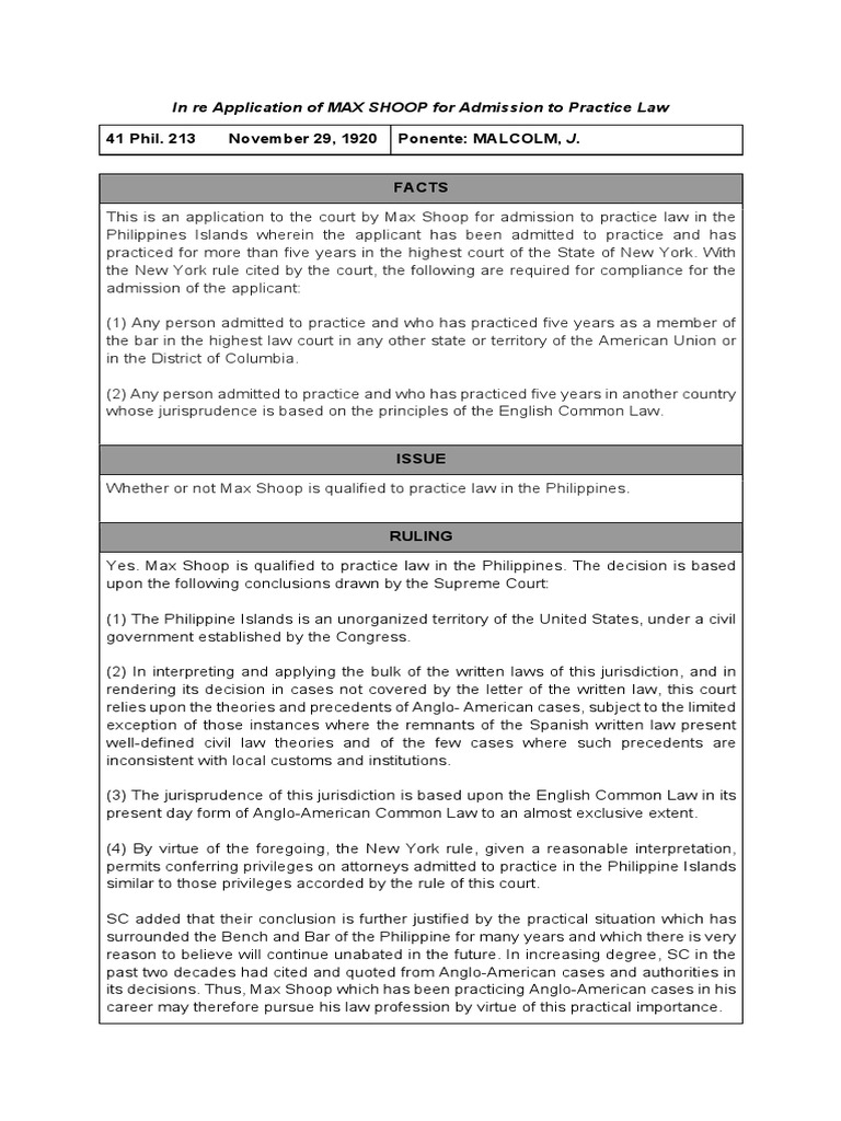 01 Max Shoop Application To Practice Law Digest | PDF | Precedent ...