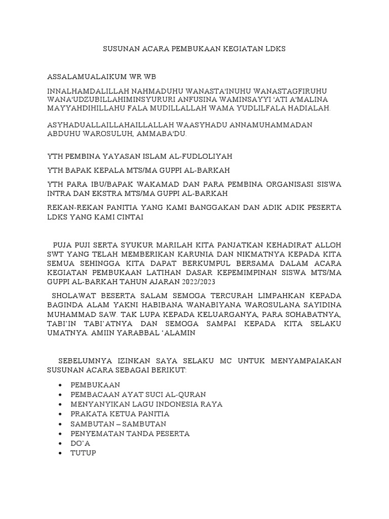 Susunan Acara Pembukaan Kegiatan LDKS | PDF