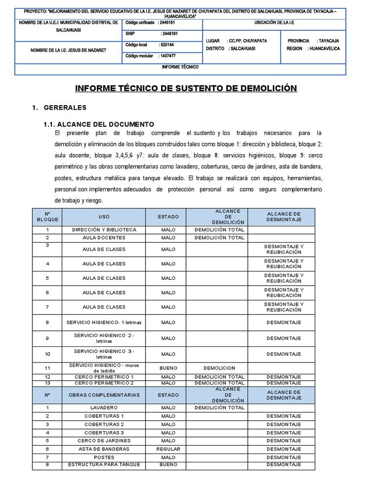 Informe Técnico de Sustento de Demolición: 1. Gererales 1.1. Alcance Del Documento | PDF ...