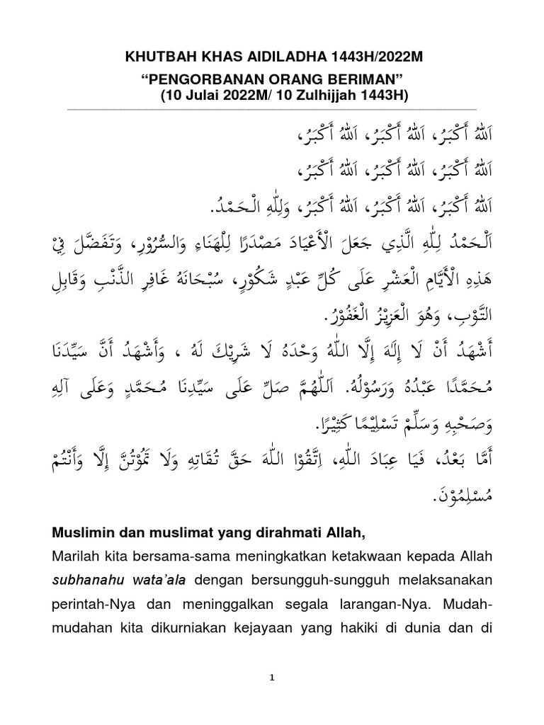 Khutbah Aidiladha 10 Julai 2022H (Pengorbanan Orang Beriman) | PDF