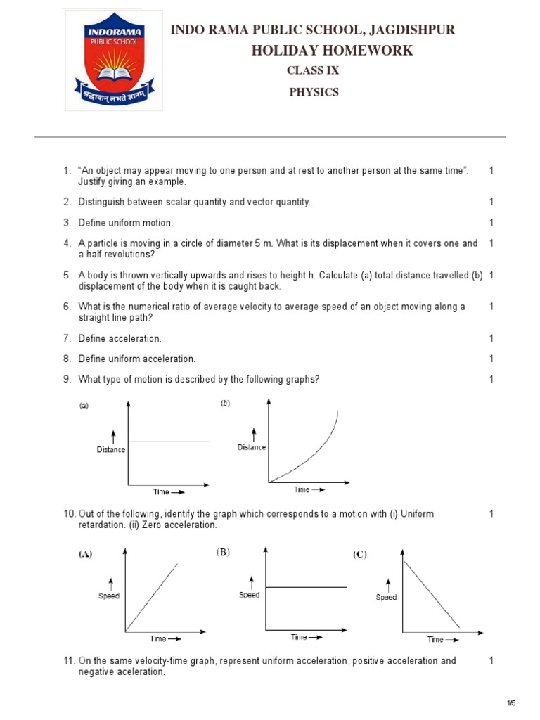 Ques - Holiday Homework IX FINAL | PDF | Velocity | Acceleration
