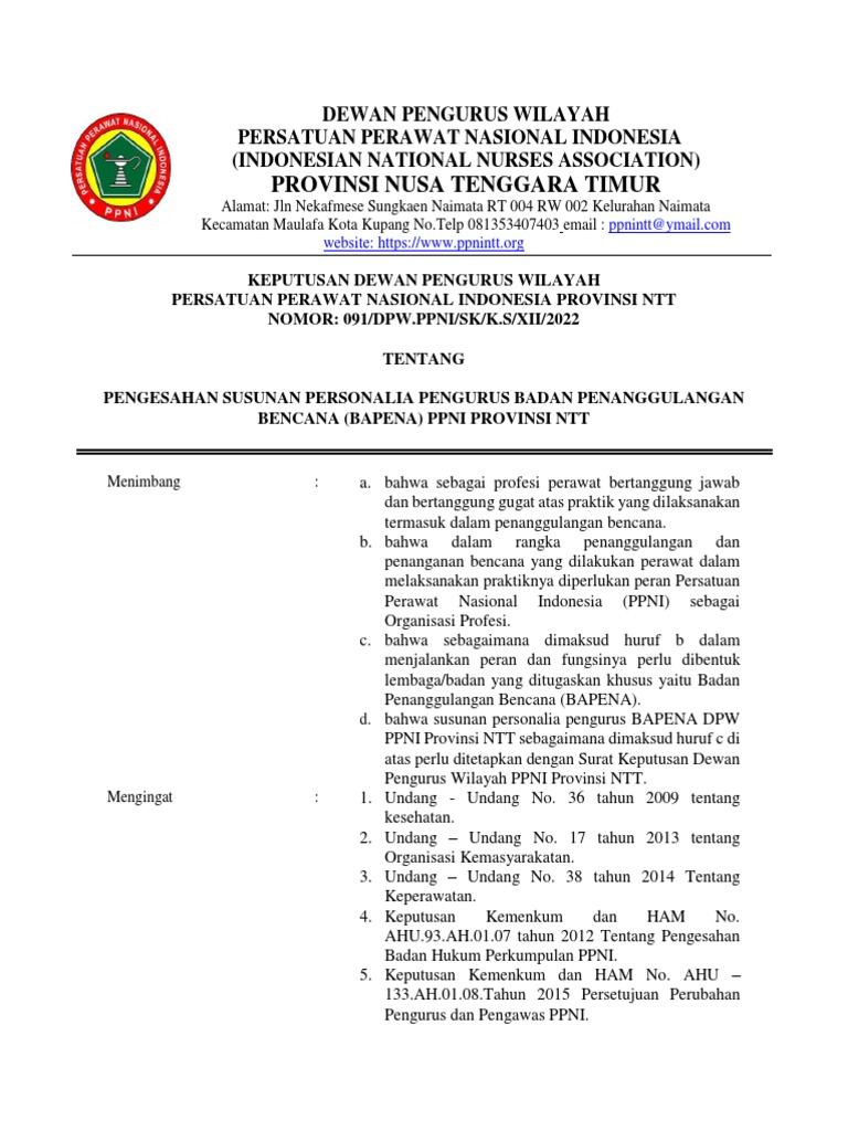 Pengesahan Pengurus BAPENA PPNI NTT | PDF