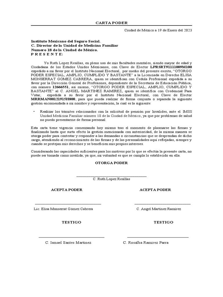 1 Carta Poder Pensión Por Invalidez | PDF | México | Gobierno