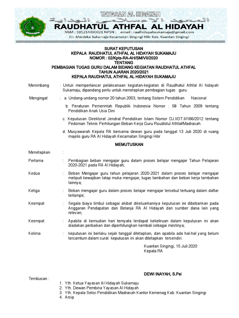 SURAT KEPUTUSAN Pembagian Tugas RA | PDF