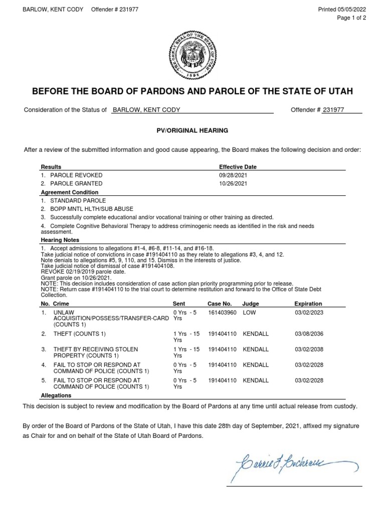 Board Warrant For Barlow's Arrest | PDF | Pardon | Parole