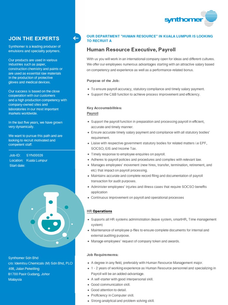 Synthomer HR Executive - Payroll | PDF | Payroll | Human Resources