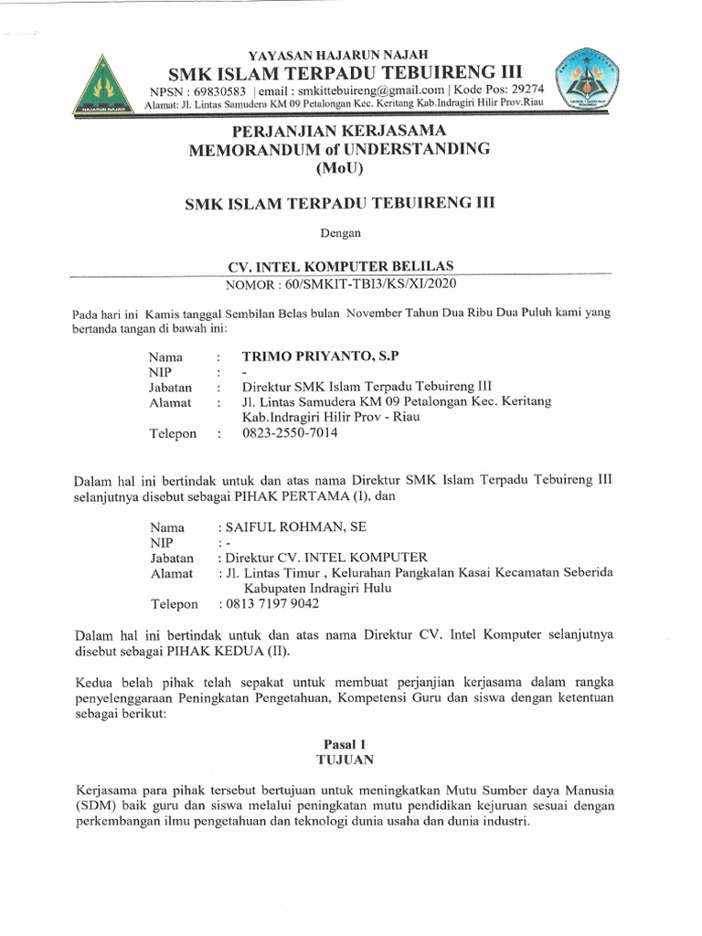 Contoh MOU SMK Dengan Iduka | PDF
