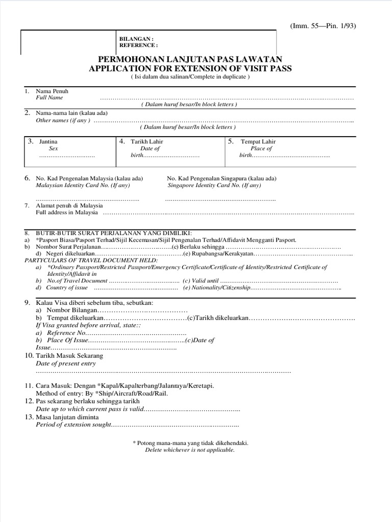 Borang Permohonan Lanjutan Pas Lawatan Perpanjang Visa Malaysia | PDF