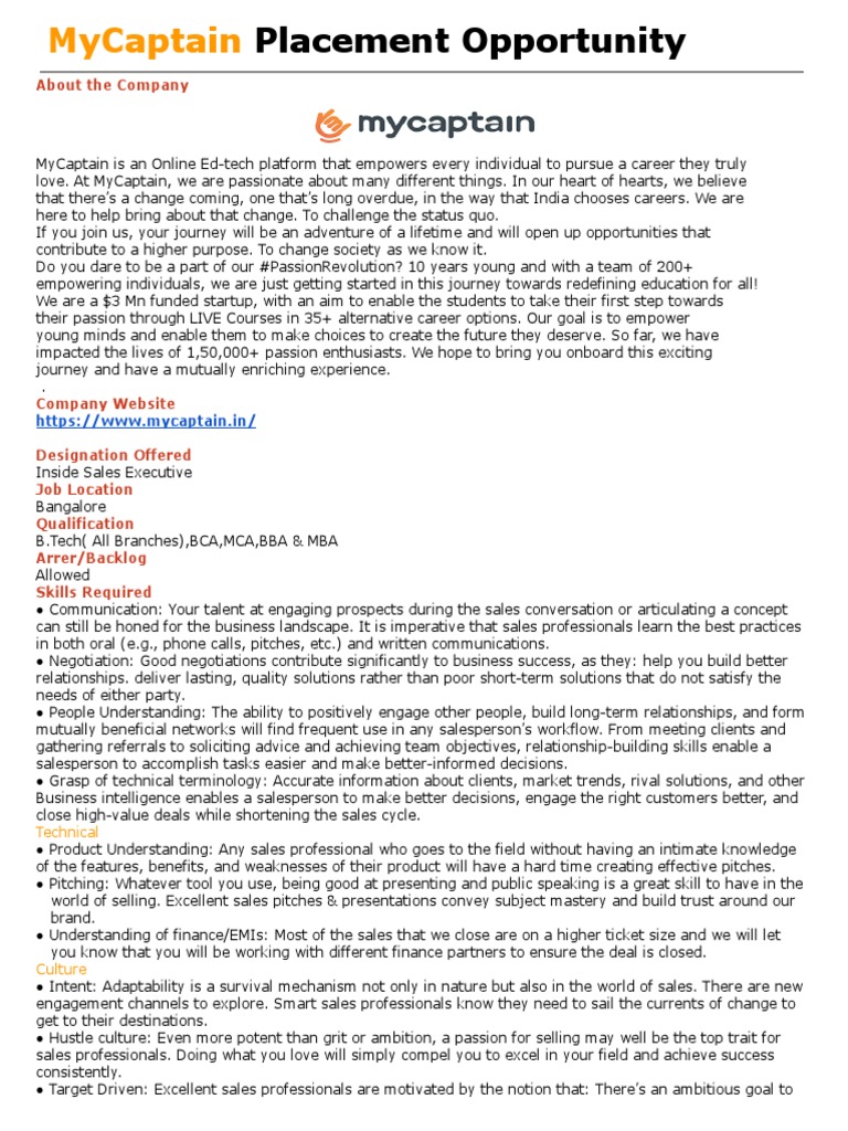 Placement Opportunity - MyCaptain | PDF | Sales | Understanding