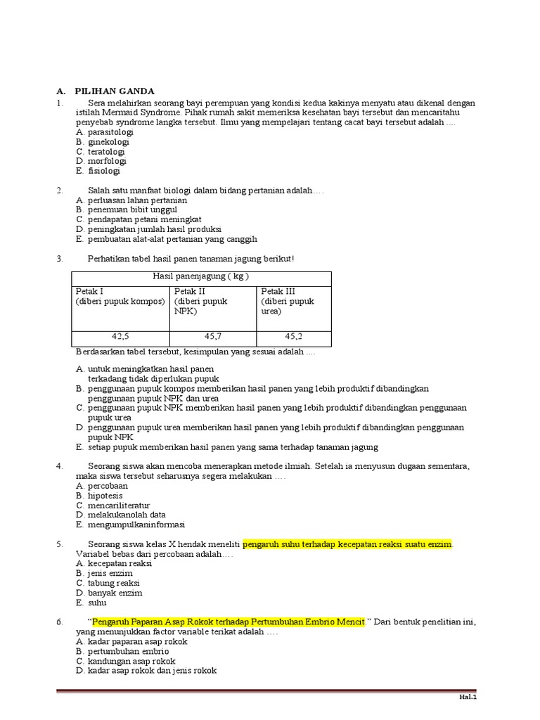 Soal Latihan Biologi X Ipa | PDF | Griya & Taman