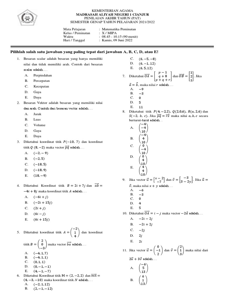 02 Naskah Soal Pas - Matematika Peminatan - Kelas X Mipa - Ta 20220509 - Genap | PDF