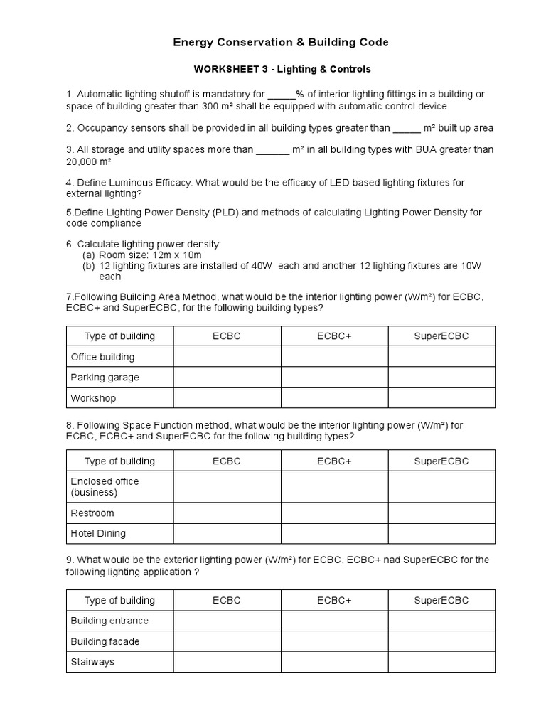 Worksheet - 3 Lighting & Controls | PDF