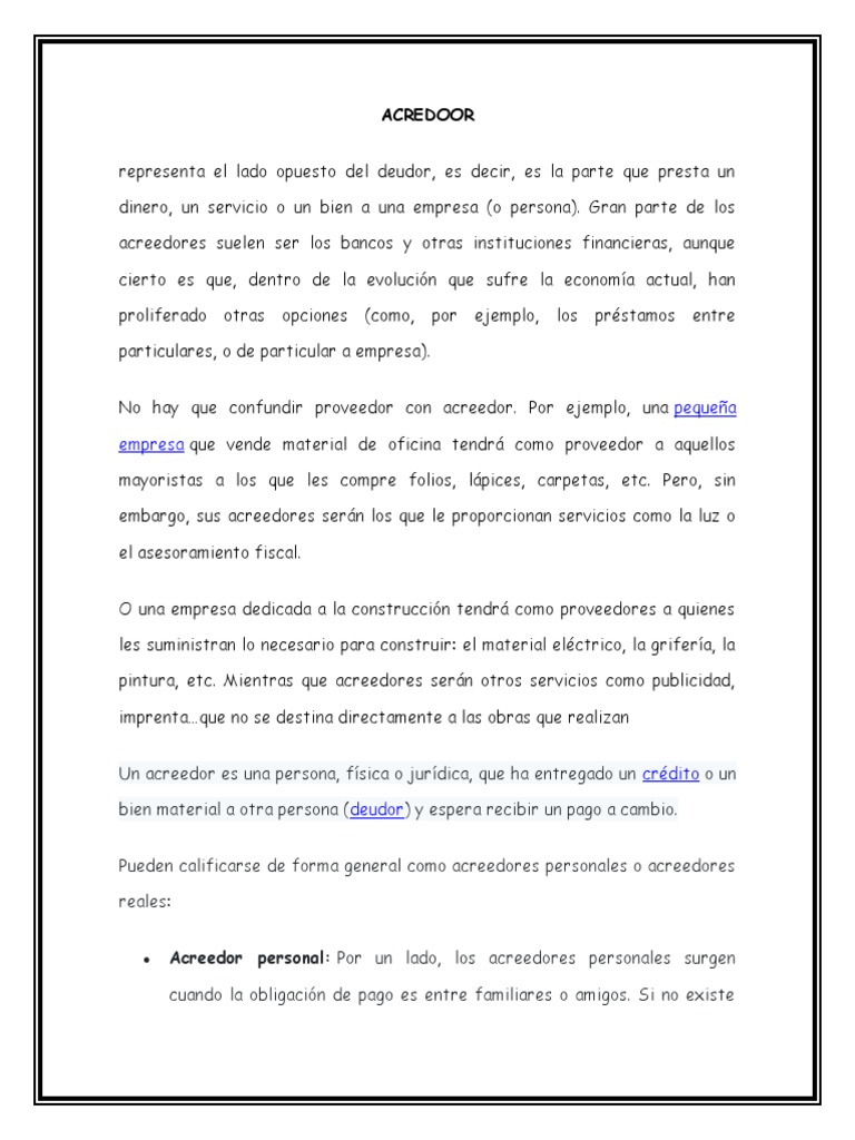 Acreedor y Deudor: Definiciones y Tipos | PDF | Pagos | Economias