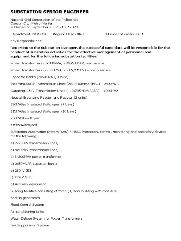 Substation Senior Engineer | PDF | Electrical Substation | Electric ...