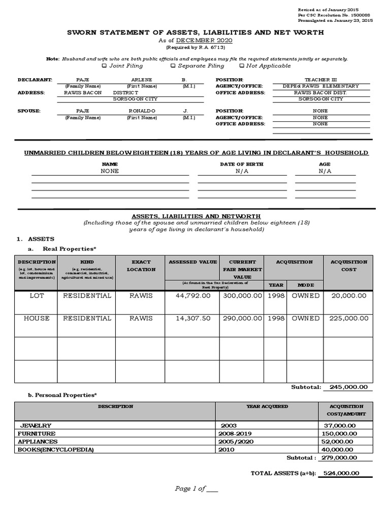 2015 Saln Form - Arlene | PDF | Net Worth | Economies