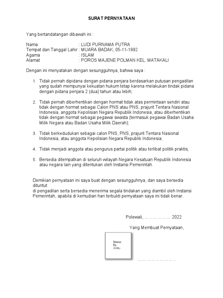 Contoh Surat Pernyataan Dan Surat Lamaran | PDF Contoh Surat Pernyataan Dan Surat Lamaran | PDF