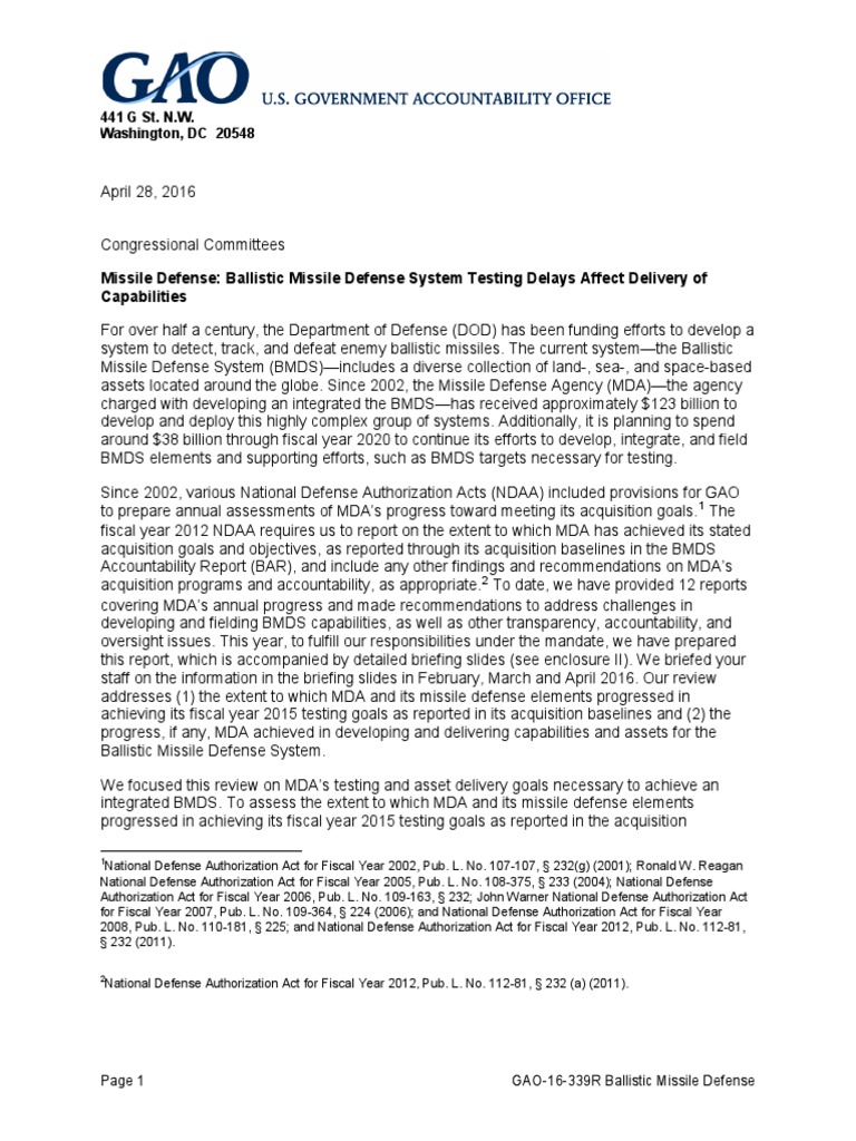 Missile Defense: Ballistic Missile Defense System Testing Delays Affect ...