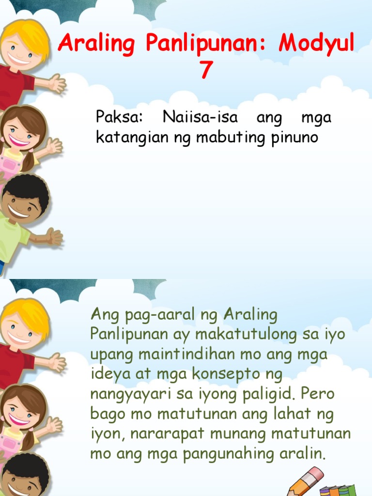 Q3 - ARPAN - MOD 7 - Naiisa-Isa Ang Mga Katangian NG Mabuting Pinuno | PDF Q3 - ARPAN - MOD 7 - Naiisa-Isa Ang Mga Katangian NG Mabuting Pinuno | PDF