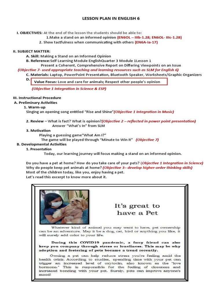 Lesson Plan in English 6 Q3 | PDF | Opinion | Lesson Plan