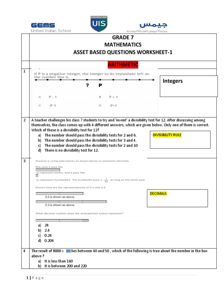 Grade 7 Asset Worksheet - 1 | PDF | Angle | Geometry