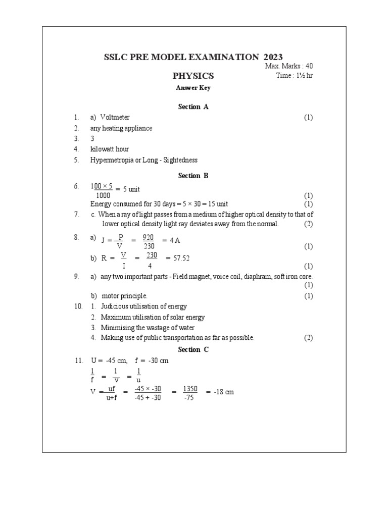 Physics Answer Key | PDF | Electric Motor | Electricity
