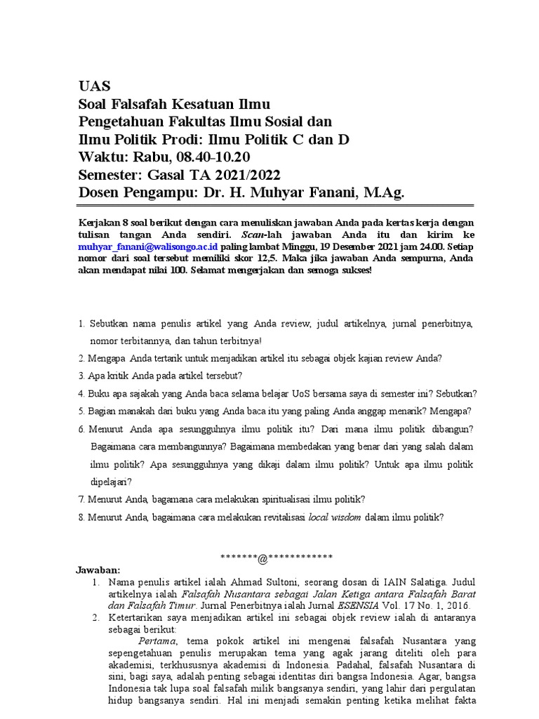 Soal Falsafah Kesatuan Ilmu Pengetahuan UAS Fisip 2021 Edit 13 Des 2021 | PDF | Ilmu Sosial ...