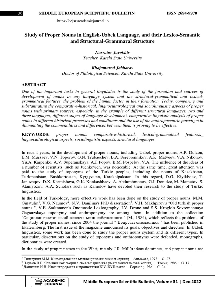 Study of Proper Nouns in English-Uzbek Language, and Their Lexico ...