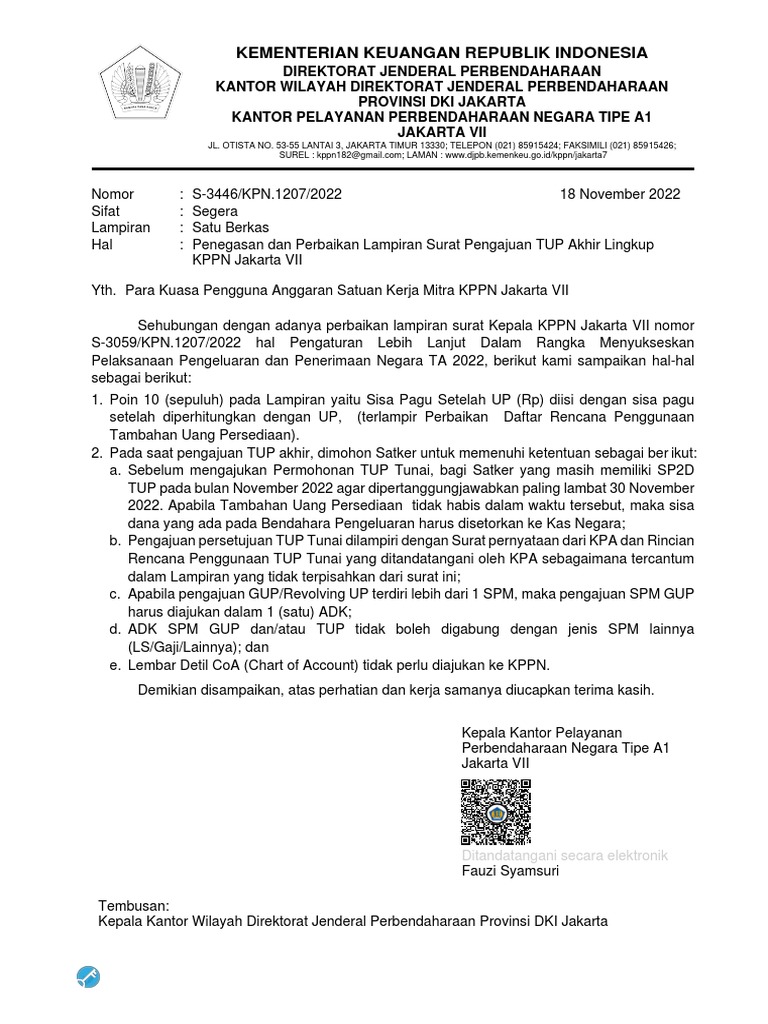S - 3446 - Penegasan Dan Perbaikan Lampiran Surat Pengajuan TUP Akhir Lingkup KPPN Jakarta VII ...