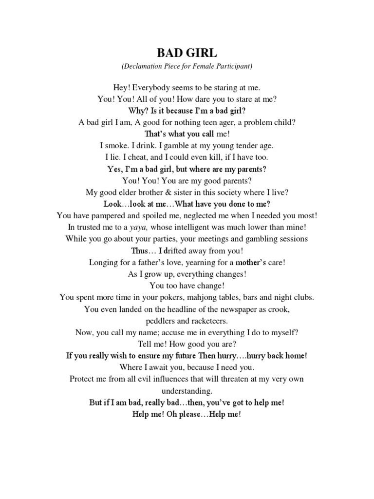 Bad Girl Declamation Piece | PDF
