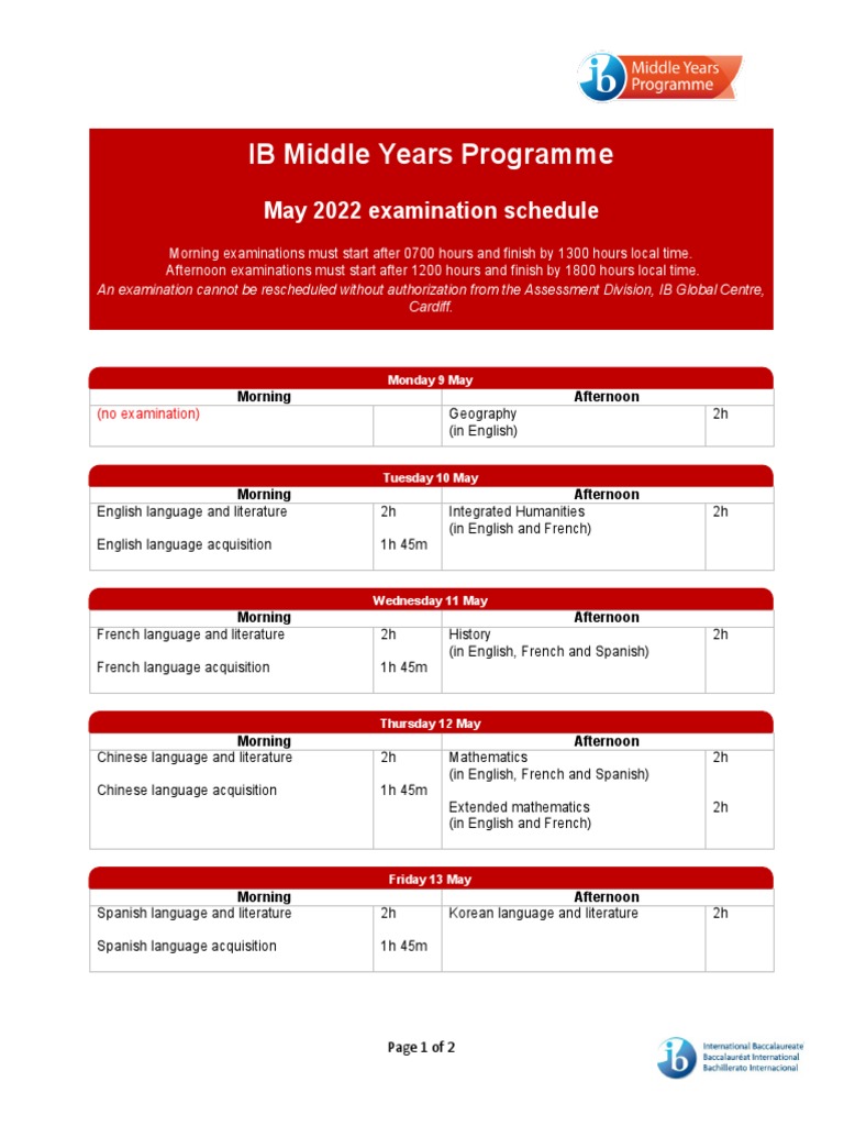 Myp May 2022 Exam Schedule en | PDF