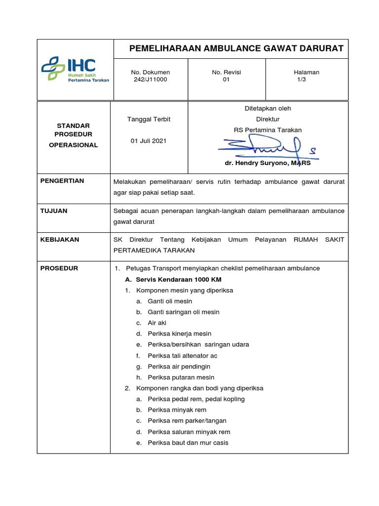 Spo Pemeliharaan Ambulance Gawat Darurat | PDF