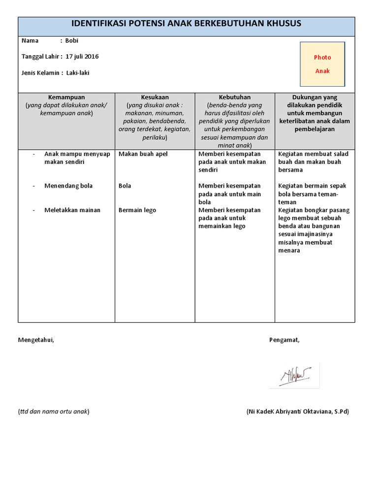 Form Mengidentifikasi POTENSI Anak Dengan Kebutuhan Khusus | PDF