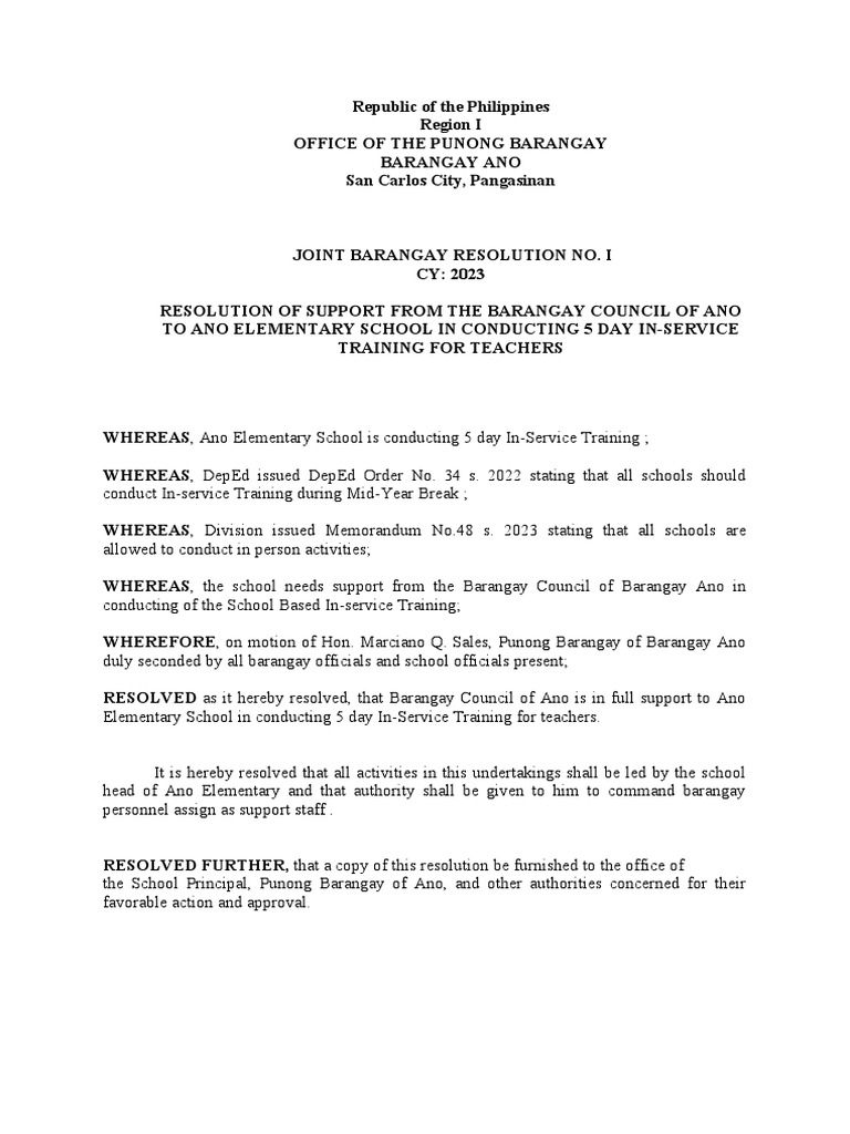 Ano ES Resolution of Support From The Barangay Council of Ano SCCP | PDF