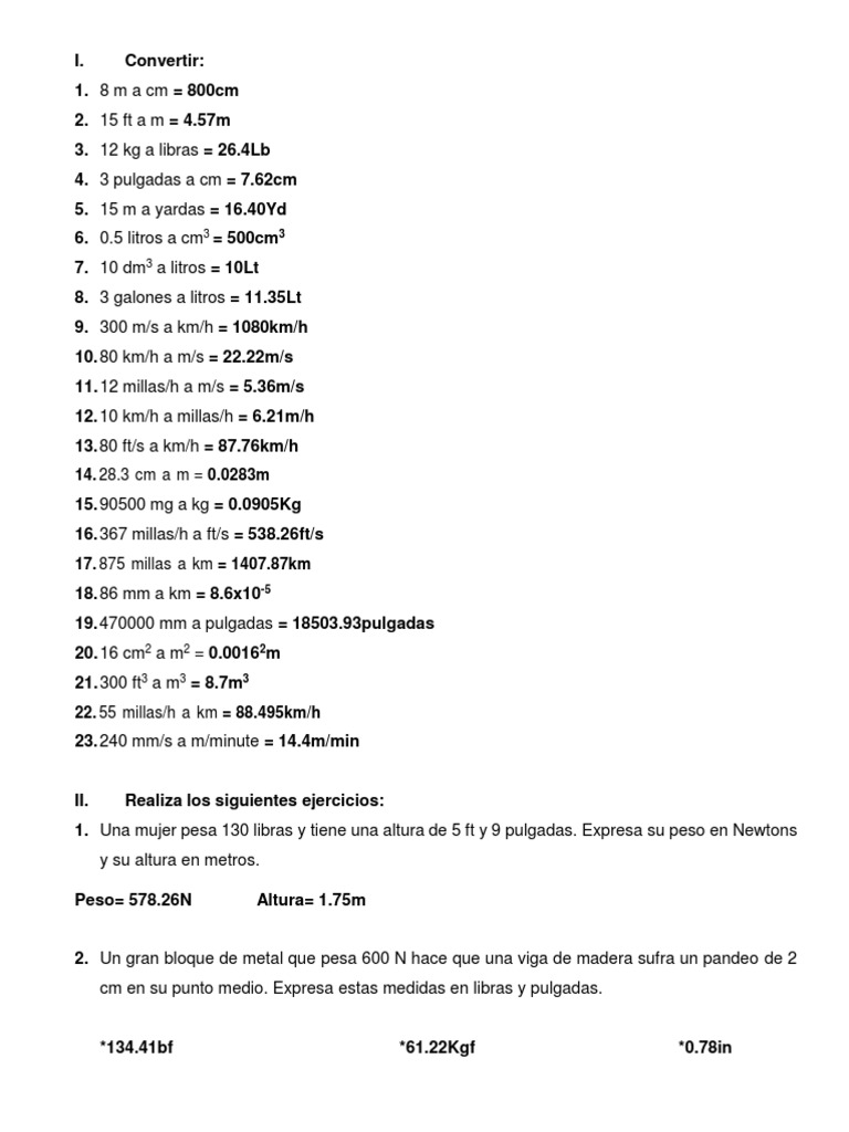Ejercicios, Conversión de Unidades | PDF
