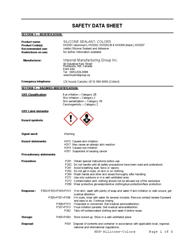 MSDS - Silicon Sealant AA-288 | Download Free PDF | Personal Protective Equipment | Toxicity