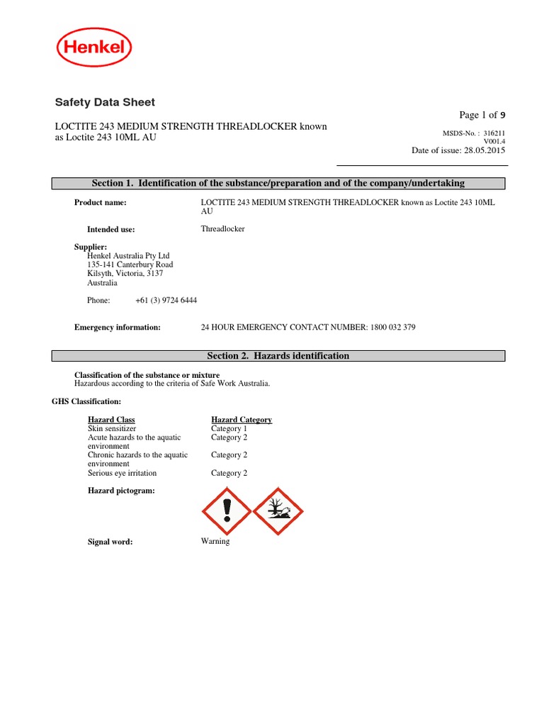 MSDS - Loctite 243 | PDF | Dangerous Goods | Toxicity