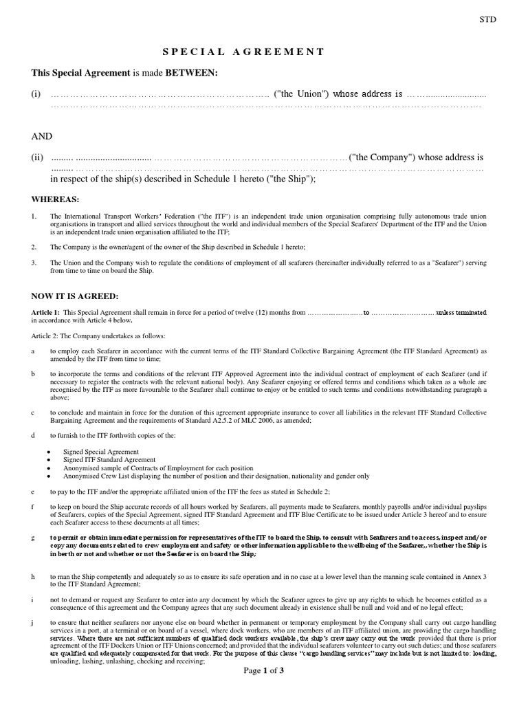 STD Special Agreement Template-2019 | PDF | Stevedore | Justice