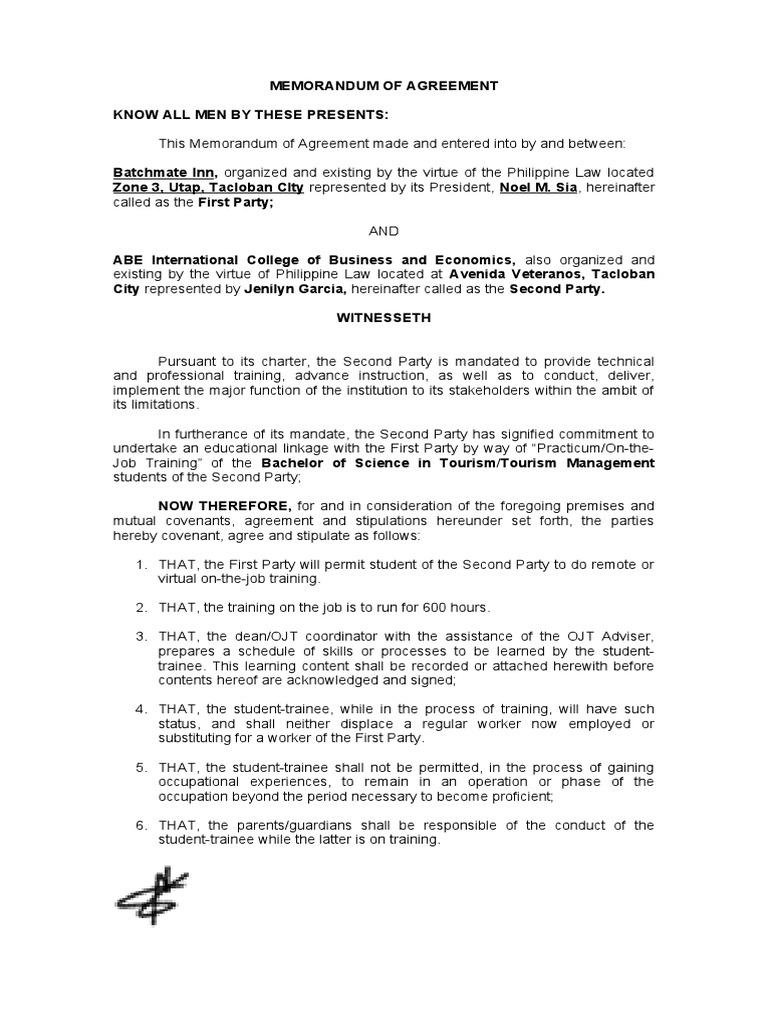 BS Tourism & BS Tourism Management Practicum Moa | PDF | Justice ...