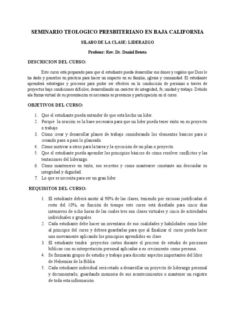 Sílabo De La Clase Liderazgo Seminario Baja California 1 Pdf