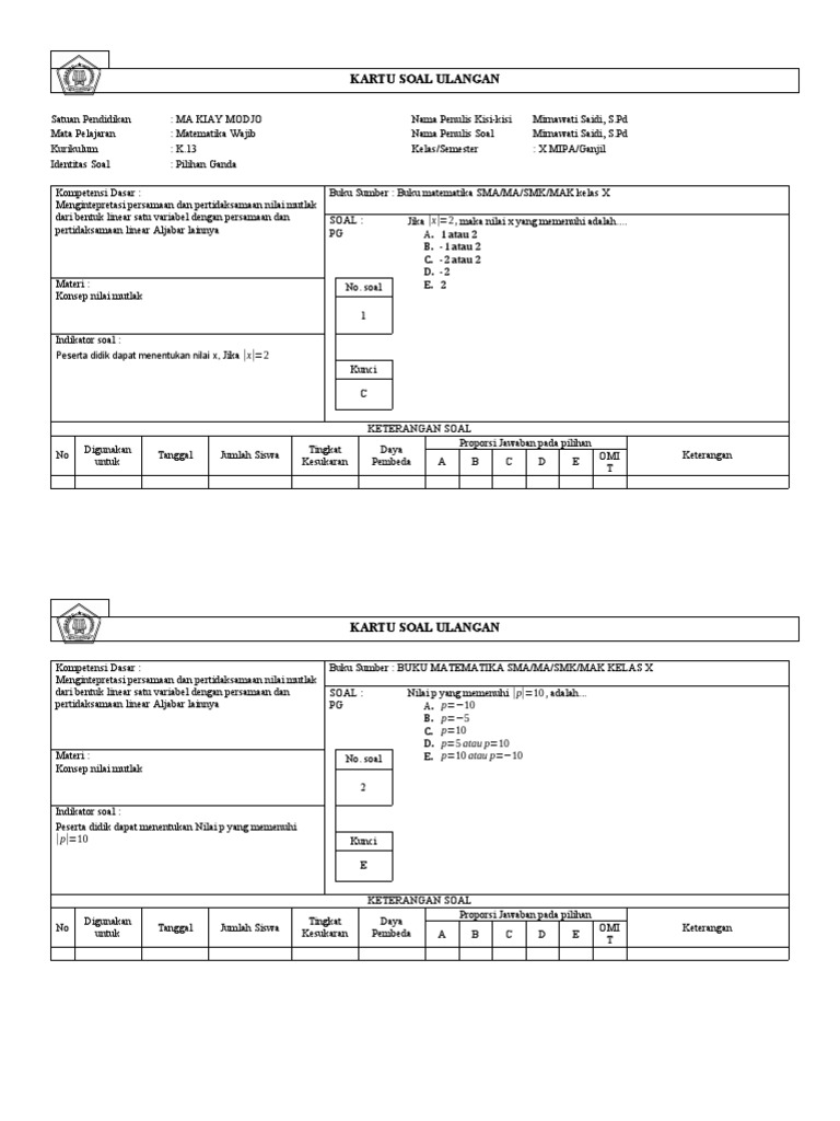 Kartu Soal MTK Wajib | PDF