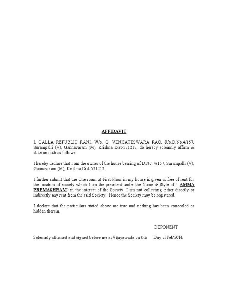 Affidavit For Society Registration For Own House Amma Premashram | PDF ...