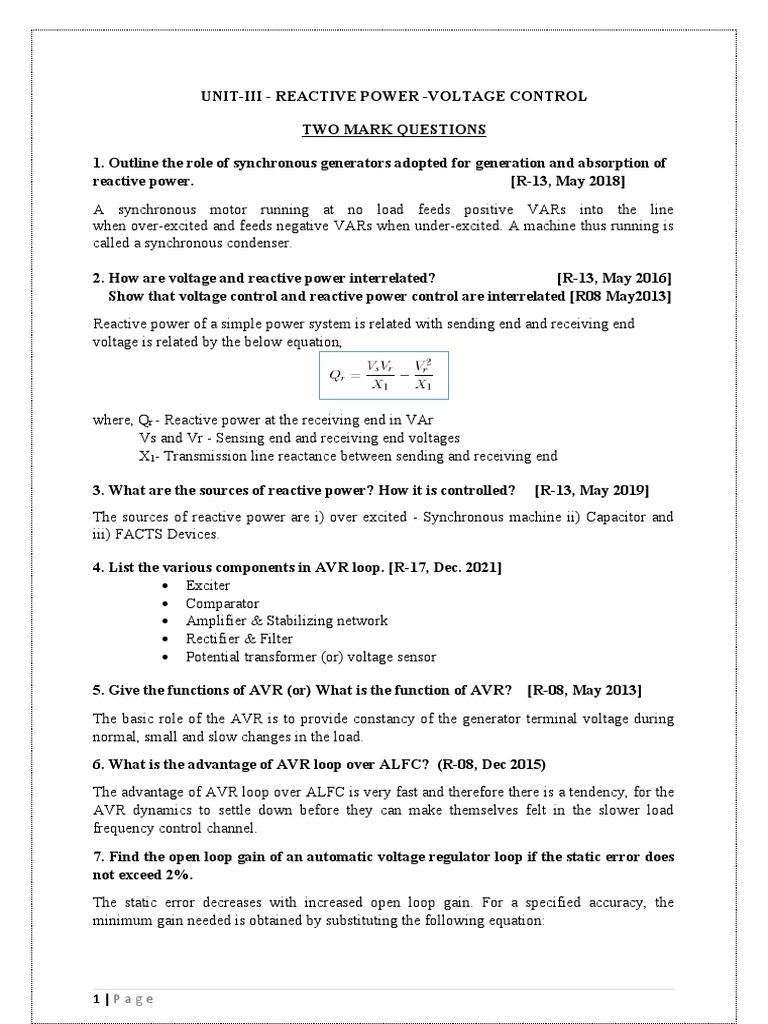 EE 8702 PSOC - Two Marks - UNIT - III - 08 - 10 - 2022 | PDF | Capacitor | Transformer