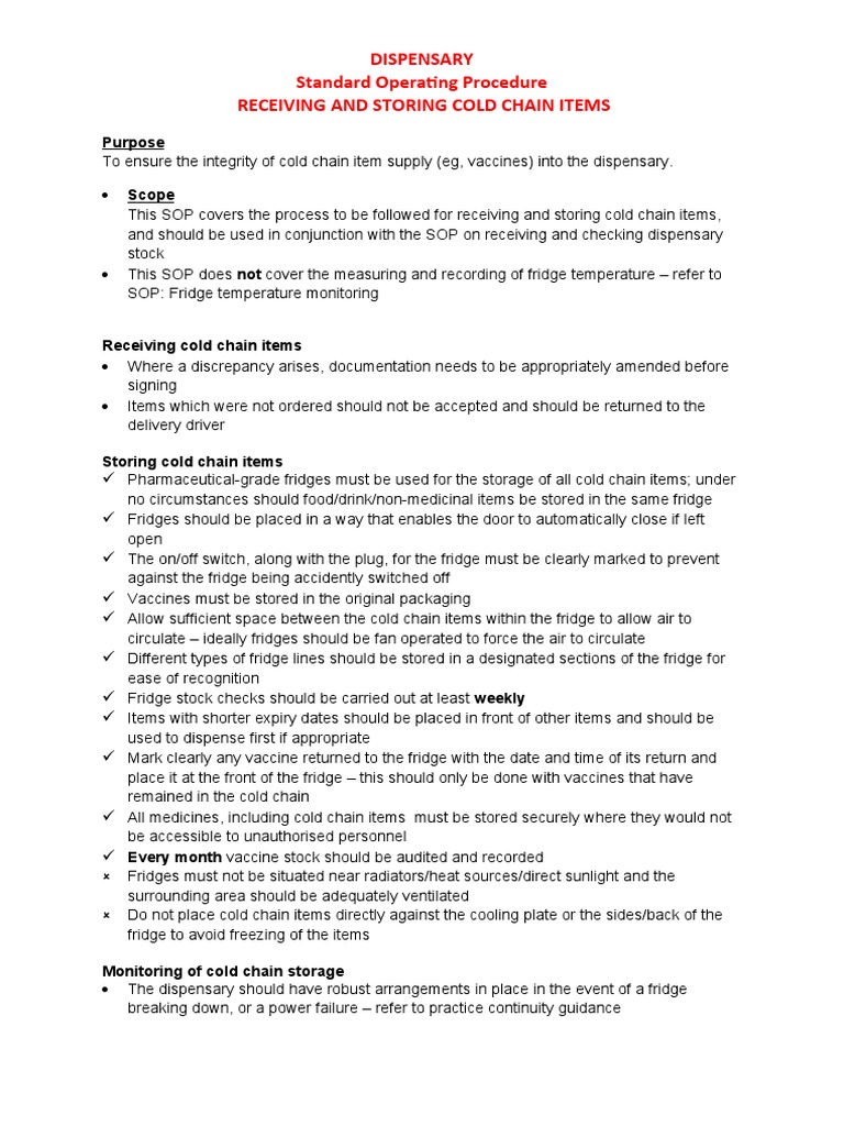 Cold Chain Management SOP for Vaccines | PDF | Refrigerator | Vaccines