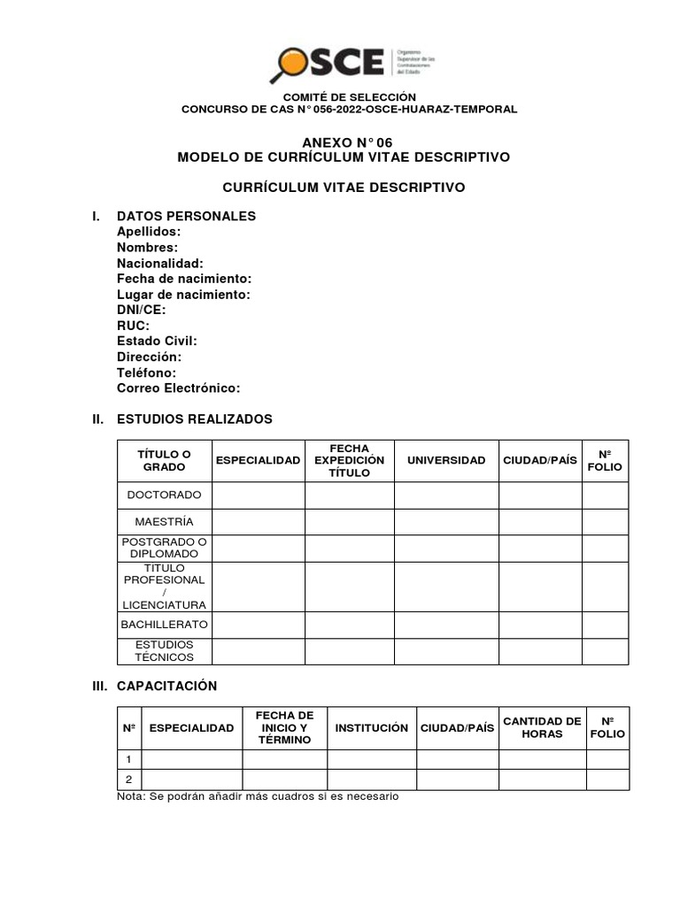 Anexo #06 - Modelo de Currículum Vitae Descriptivo | PDF