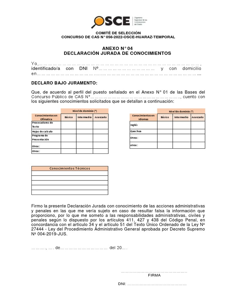 Anexo #04 - Declaración Jurada de Conocimientos | PDF