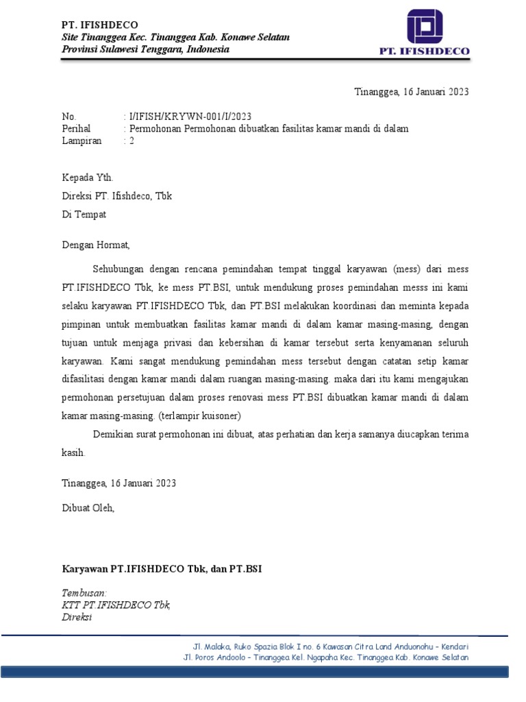 Permohonan Pembangunan Kamar Mandi Dalam Ruangan untuk Mess Baru | PDF