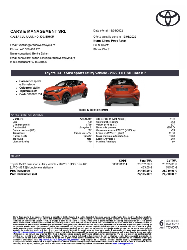 Toyota C-HR 5 1.8 HSD Core KP Transmisie CVT Variabil Sports Utility ...