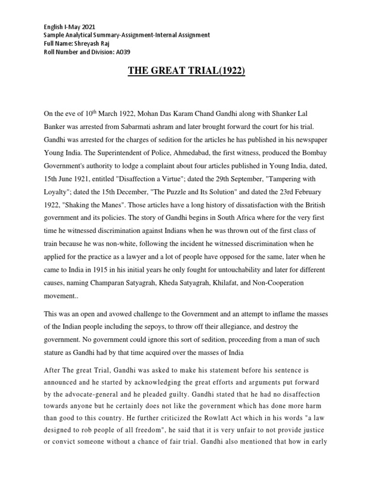 Shreyash Raj-A039-The Great Trial | PDF | Mahatma Gandhi | British Raj