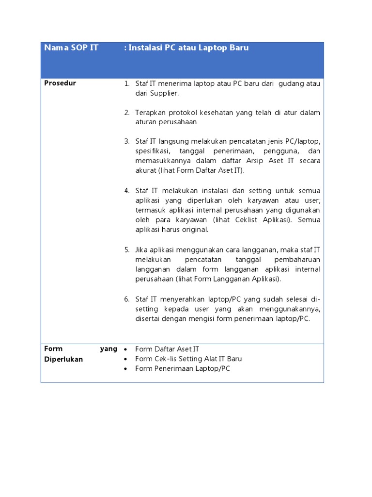 Instalasi PC/Laptop Baru: SOP IT | PDF | Teknologi & Rekayasa
