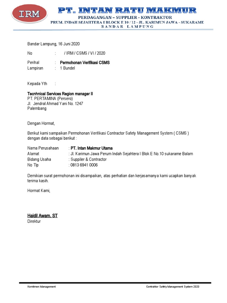 Permohonan Verifikasi CSMS PT Intan Makmur | PDF